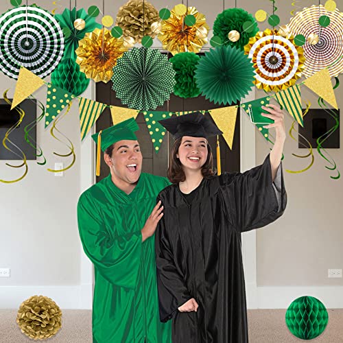 Green Gold Party Decorations Paper Fans, Graduation Season Hanging Glitter Triangle Flags Banner Hanging Paper Fan Happy Birthday Banners and Triangular Flag, Bridal Shower,Green Themed Birthday