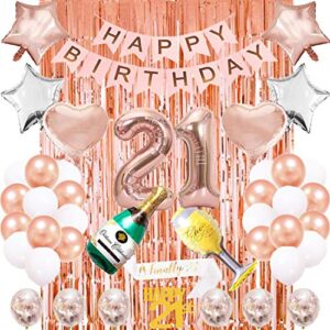 21st birthday decorations|21st birthday decorations for her|21st birthday decorations rose gold with photo booth backdrop, happy birthday banner, confetti and mylar balloons