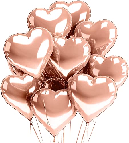 Rose Gold Heart Balloons - PACK of 12 - Premium Mylar Foil Heart Shaped Balloons for Valentine's Day Decor