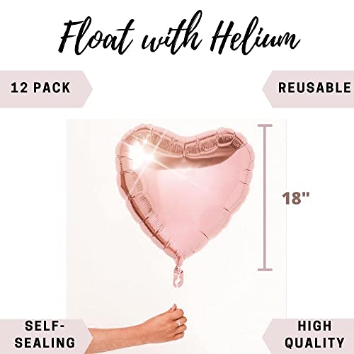 Rose Gold Heart Balloons - PACK of 12 - Premium Mylar Foil Heart Shaped Balloons for Valentine's Day Decor