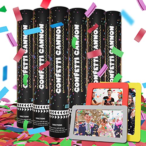 Confetti Cannon Party Poppers [6 Pack], Gift 3 Magnetic Photo Frames, Multicolor Biodegradable Confetti Shooters for Wedding, Birthday, Party, Graduation Celebrations, New Year’s Eve