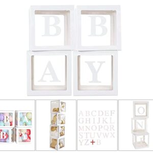 Baby Shower Balloon Boxes Decorations - Baby Boxes with 27 Letters,4pcs Transparent Baby Blocks for Gender Reveal,Wedding，Grad Decorations,Boy Girl Birthday Party Decorations, DIY Name Combination