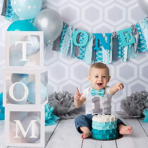 Baby Shower Balloon Boxes Decorations - Baby Boxes with 27 Letters,4pcs Transparent Baby Blocks for Gender Reveal,Wedding，Grad Decorations,Boy Girl Birthday Party Decorations, DIY Name Combination