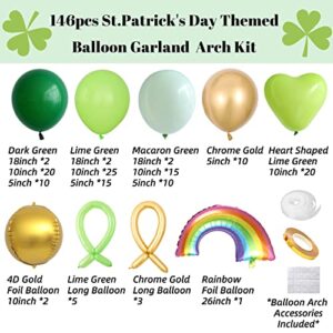 Enanal St.Patrick’s Day Balloon Garland Arch Kit, 146pcs Green Balloons with Clover Rainbow 4D Gold Foil Balloons for St.Patrick Day Party Birthday Baby Shower Decorations (St. Patrick's Day)