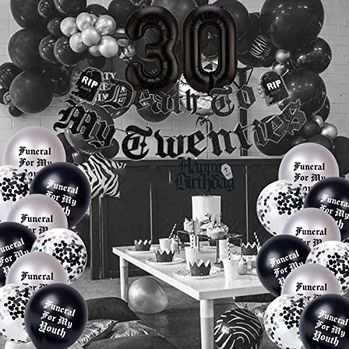 ayiho Death to My Twenties Black 30th Birthday Decorations Funeral for My Youth Rip to My 20s Sash Number 30 Balloon Latex Balloon for Funny Thirtieth Birthday Party Supplies (black)