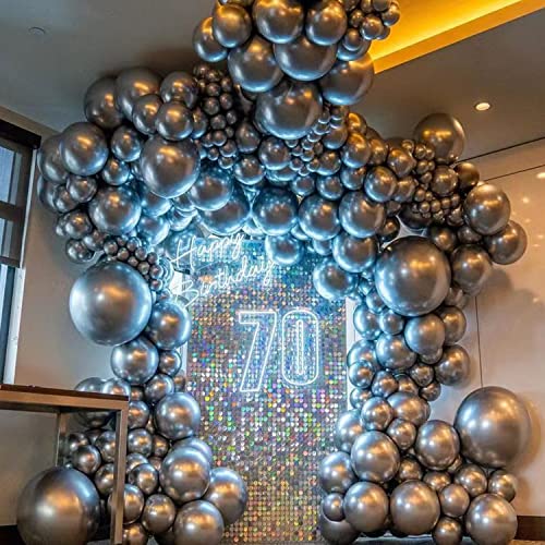 DKCPISCO Silver Metallic Chrome Latex Balloon Arch Kit, 100PCS 18In 12In 10In 5In Arch Garland For Engagement,Picnic,Wedding, Silver Theme Anniversary Celebration Decoration With 33FT Ribbon