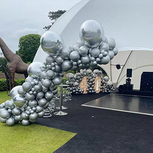 DKCPISCO Silver Metallic Chrome Latex Balloon Arch Kit, 100PCS 18In 12In 10In 5In Arch Garland For Engagement,Picnic,Wedding, Silver Theme Anniversary Celebration Decoration With 33FT Ribbon