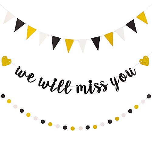 3 Pieces We Will Miss You Going Away Farewell Banner Decoration Gold Black Glitter Dot Circle Garland Triangle Flag Banner for Retirement Graduation Going Away Party Gifts Decorations