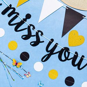 3 Pieces We Will Miss You Going Away Farewell Banner Decoration Gold Black Glitter Dot Circle Garland Triangle Flag Banner for Retirement Graduation Going Away Party Gifts Decorations