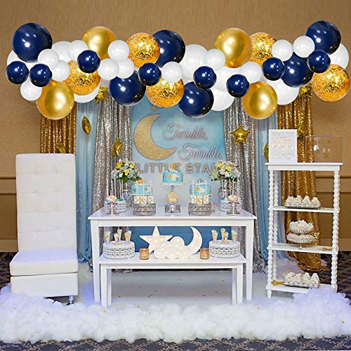 Navy Blue Balloons Garland Kit, 120 pcs Navy and Gold Confetti White Balloons Arch with 16ft Tape Strip & Dot Glue for Party Wedding Birthday DIY Decoration