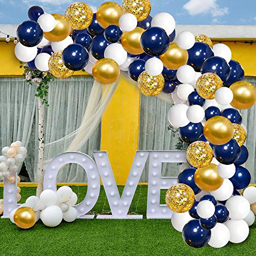 Navy Blue Balloons Garland Kit, 120 pcs Navy and Gold Confetti White Balloons Arch with 16ft Tape Strip & Dot Glue for Party Wedding Birthday DIY Decoration