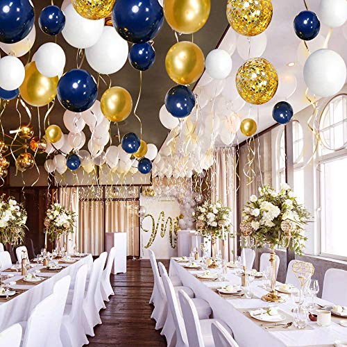 Navy Blue Balloons Garland Kit, 120 pcs Navy and Gold Confetti White Balloons Arch with 16ft Tape Strip & Dot Glue for Party Wedding Birthday DIY Decoration