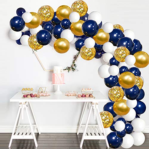 Navy Blue Balloons Garland Kit, 120 pcs Navy and Gold Confetti White Balloons Arch with 16ft Tape Strip & Dot Glue for Party Wedding Birthday DIY Decoration