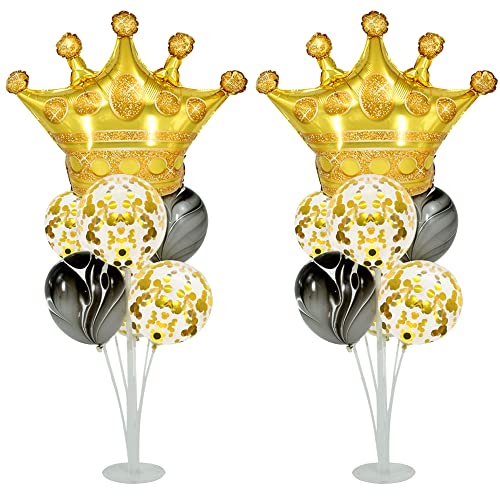 Black Gold Crown Balloon Stand Kit For Table 2 Set with 2 Gold Crown Balloons 9 Gold Confetti 4 Black Marble Balloons, Great for Bachelorette Wedding Baby Shower Queen Birthday Party Decorations