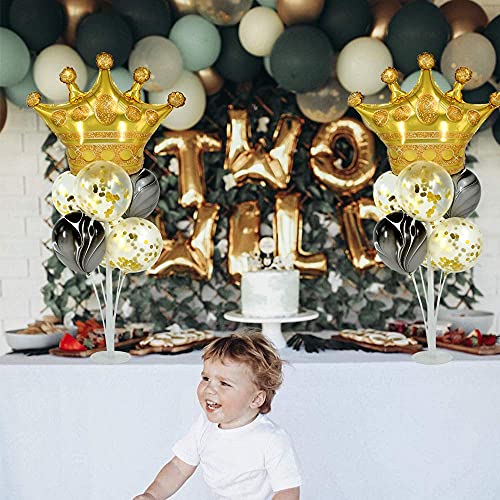 Black Gold Crown Balloon Stand Kit For Table 2 Set with 2 Gold Crown Balloons 9 Gold Confetti 4 Black Marble Balloons, Great for Bachelorette Wedding Baby Shower Queen Birthday Party Decorations