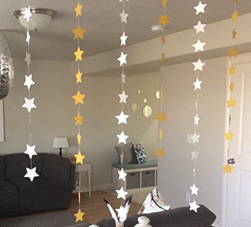 Honbay 2PCS Double Side Glitter Paper Star Garland Christmas Galaxy Banner Christmas Garland - 4 inch in Diameter,13 Feet Long / PCS (Gold)