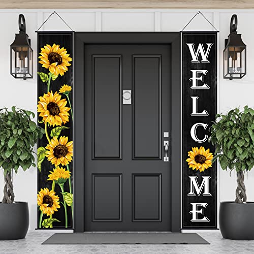 Sunflower Hanging Banners Spring Welcome Porch Banners Flags Fall Door Banners Flag Summer Hanging Banner for Front Door Garden Home Yard Sunflower Party Decorations (Black Background)