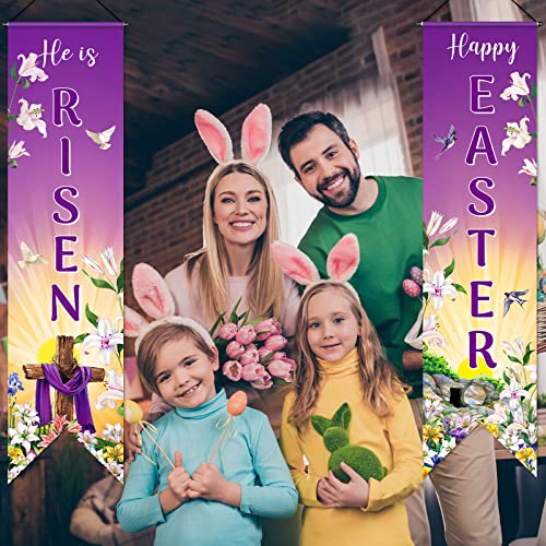 Happy Easter Banner He Is Risen Porch Sign Easter Decoration Hanging Banner Jesus Cross Religious Background Easter Eggs Photo Prop Holiday Door Backdrop for Home Outdoor Indoor Easter Party Supplies