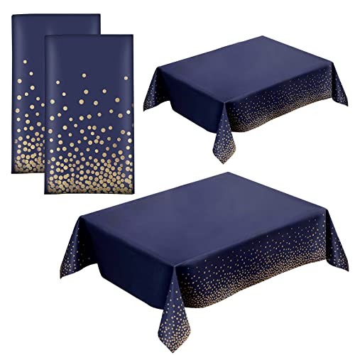 2 Pack Blue with Gold dots Tablecloth Plastic Disposable Blue tablecloths for Rectangle Tables 54" x 108" Navy Blue and Gold dots Table Cover for Parties