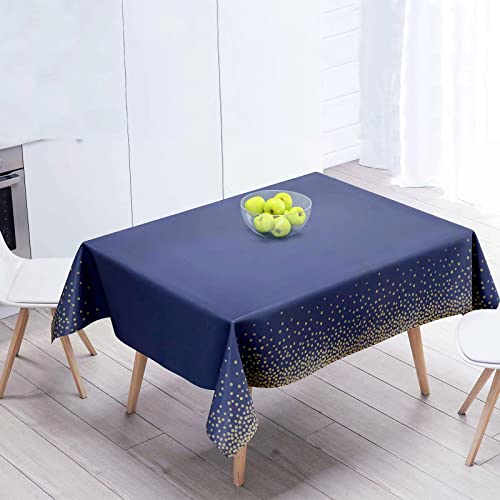 2 Pack Blue with Gold dots Tablecloth Plastic Disposable Blue tablecloths for Rectangle Tables 54" x 108" Navy Blue and Gold dots Table Cover for Parties