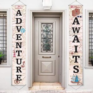 adventure awaits bon voyage banner garland party decoration set travel themed porch sign adventure for indoor/ outdoor retirement moving relocation travel wedding bachelorette party decorations (khaki