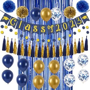 graduation party decorations 2023-blue and gold class of 2023 banner paper pompoms, congrats grad foil fringe curtain backdrop and senior graduation party balloons decorations supplies