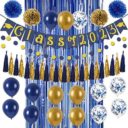 Graduation Party Decorations 2023-Blue and Gold Class of 2023 Banner Paper Pompoms, Congrats Grad Foil Fringe Curtain Backdrop and Senior Graduation Party Balloons Decorations Supplies