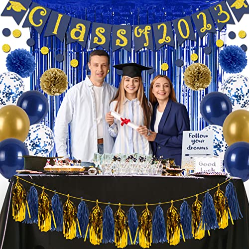 Graduation Party Decorations 2023-Blue and Gold Class of 2023 Banner Paper Pompoms, Congrats Grad Foil Fringe Curtain Backdrop and Senior Graduation Party Balloons Decorations Supplies