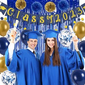 Graduation Party Decorations 2023-Blue and Gold Class of 2023 Banner Paper Pompoms, Congrats Grad Foil Fringe Curtain Backdrop and Senior Graduation Party Balloons Decorations Supplies