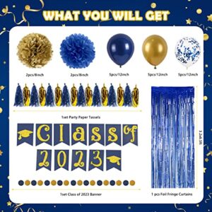 Graduation Party Decorations 2023-Blue and Gold Class of 2023 Banner Paper Pompoms, Congrats Grad Foil Fringe Curtain Backdrop and Senior Graduation Party Balloons Decorations Supplies