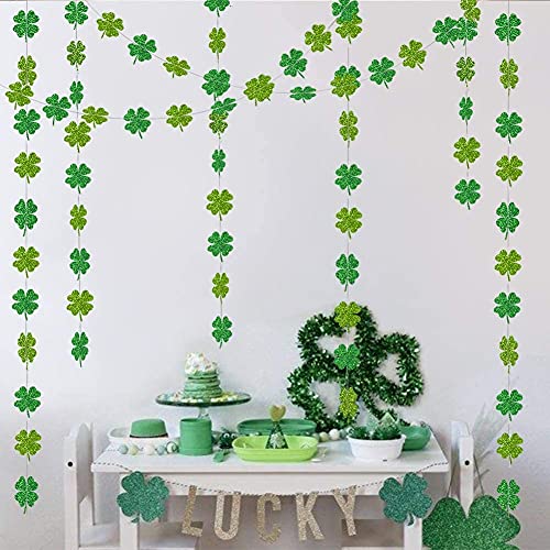 Glitter Shamrock Clover Garland for St Patricks Day Decorations Spring Party Garlands Streamer Banner Backdrop Hanging Saint Clover Decor Irish Baby Shower Wedding Birthday Parties Supplies