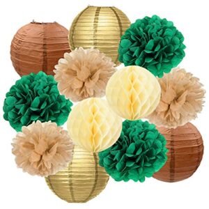 happyfield woodland animals birthday party decorations woodland animals baby shower decorations for boy or girl rustic gold green tan brown tissue poms paper lanterns gender neutral baby shower decor