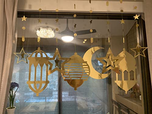 16pcs Islamic Gold Star Crescent Moon Lantern Ramadan Garland EID Decoration Home Happy Ramadan Mubarak Party Decor Hanging Streamer Wedding Backdrop Banner Aladdin Birthday Party Supplies