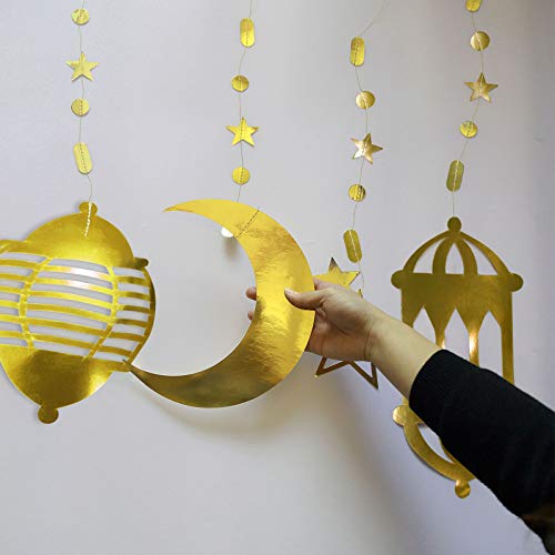 16pcs Islamic Gold Star Crescent Moon Lantern Ramadan Garland EID Decoration Home Happy Ramadan Mubarak Party Decor Hanging Streamer Wedding Backdrop Banner Aladdin Birthday Party Supplies