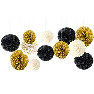 nicrolandee black gold party decorations – 12 pcs black gold white tissue paper pom poms for wedding, birthday, bachelorette, bridal shower, prom, gruaduation, festival decorations