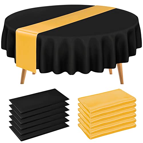 LOKUME 6 Pack Round Plastic Tablecloth 84" Black Disposable Table Covers Waterproof Circle Party Table Cloths for Round Tables and 6 Pack 12"x108" Gold Satin Table Runners for Parties Birthday Picnic