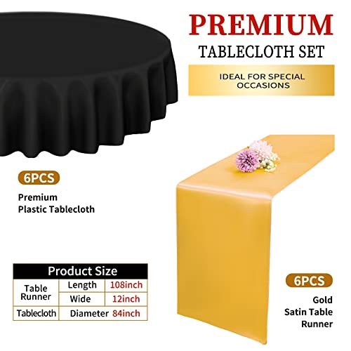 LOKUME 6 Pack Round Plastic Tablecloth 84" Black Disposable Table Covers Waterproof Circle Party Table Cloths for Round Tables and 6 Pack 12"x108" Gold Satin Table Runners for Parties Birthday Picnic