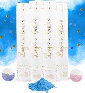 gender reveal confetti powder cannon – 4 blue/gold poppers – gender reveal party supplies – smoke powder & confetti sticks – gender reveal stickers 40 pcs (20 girl 20 boy)