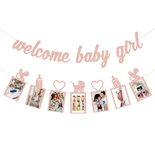 Baby Shower Decorations for Girl - Welcome Baby Girl Banner and Baby Shower Photo Banner for baby girl shower decor(rose gold)