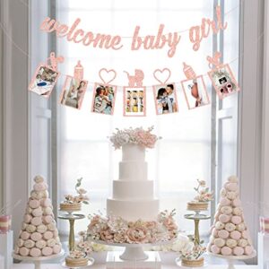 Baby Shower Decorations for Girl - Welcome Baby Girl Banner and Baby Shower Photo Banner for baby girl shower decor(rose gold)