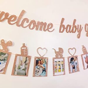 Baby Shower Decorations for Girl - Welcome Baby Girl Banner and Baby Shower Photo Banner for baby girl shower decor(rose gold)