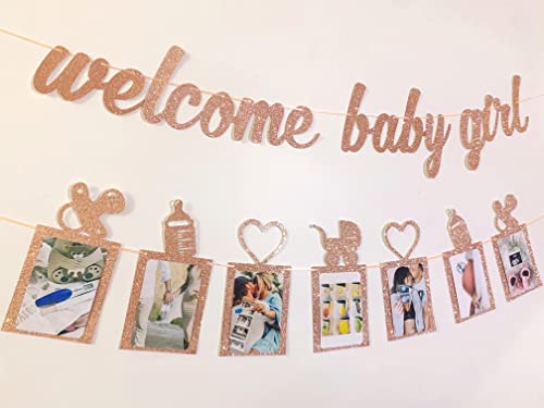 Baby Shower Decorations for Girl - Welcome Baby Girl Banner and Baby Shower Photo Banner for baby girl shower decor(rose gold)