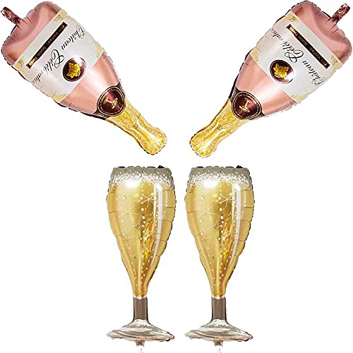 4 Pcs Champagne Bottles and Goblet Wine Glasses Large Mylar Foil Helium Balloons 36in, Pink & Golden pop Decoration for Party, Birthday celebration , Anniversary Graduation, family gathering, cheers!