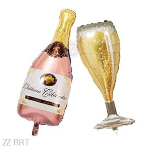 4 Pcs Champagne Bottles and Goblet Wine Glasses Large Mylar Foil Helium Balloons 36in, Pink & Golden pop Decoration for Party, Birthday celebration , Anniversary Graduation, family gathering, cheers!