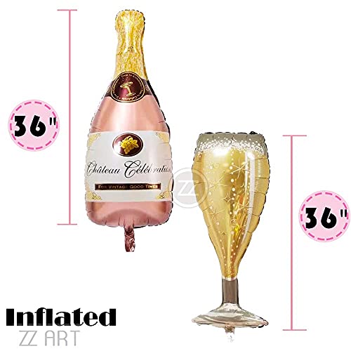 4 Pcs Champagne Bottles and Goblet Wine Glasses Large Mylar Foil Helium Balloons 36in, Pink & Golden pop Decoration for Party, Birthday celebration , Anniversary Graduation, family gathering, cheers!