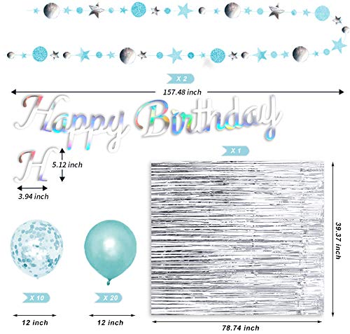 Turquoise Birthday Party Decoration - Sliver Happy Birthday Banner, Turquoise Glitter Circle Dot Garland Streamer, Sliver Fringe Curtain, Blue and Turquoise Balloons, Blue Birthday Party Decorations for Women and Men Birthday Party