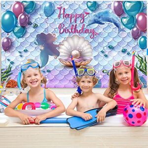 Under The Sea Mermaid Birthday Party Backdrop Girl Princess Mermaid Scales Birthday Photo Booth Backdrop Purple Blue Mermaid Pearl Whale Background Banner for Birthday Party Decor, 71 x 43 Inch