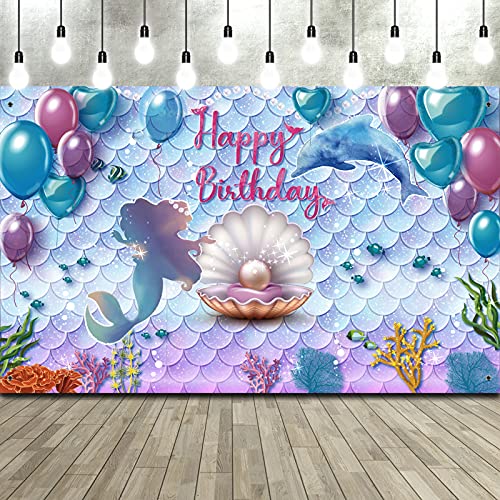 Under The Sea Mermaid Birthday Party Backdrop Girl Princess Mermaid Scales Birthday Photo Booth Backdrop Purple Blue Mermaid Pearl Whale Background Banner for Birthday Party Decor, 71 x 43 Inch