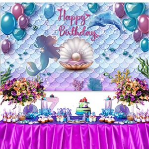 Under The Sea Mermaid Birthday Party Backdrop Girl Princess Mermaid Scales Birthday Photo Booth Backdrop Purple Blue Mermaid Pearl Whale Background Banner for Birthday Party Decor, 71 x 43 Inch