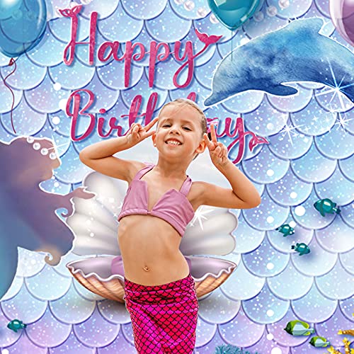 Under The Sea Mermaid Birthday Party Backdrop Girl Princess Mermaid Scales Birthday Photo Booth Backdrop Purple Blue Mermaid Pearl Whale Background Banner for Birthday Party Decor, 71 x 43 Inch